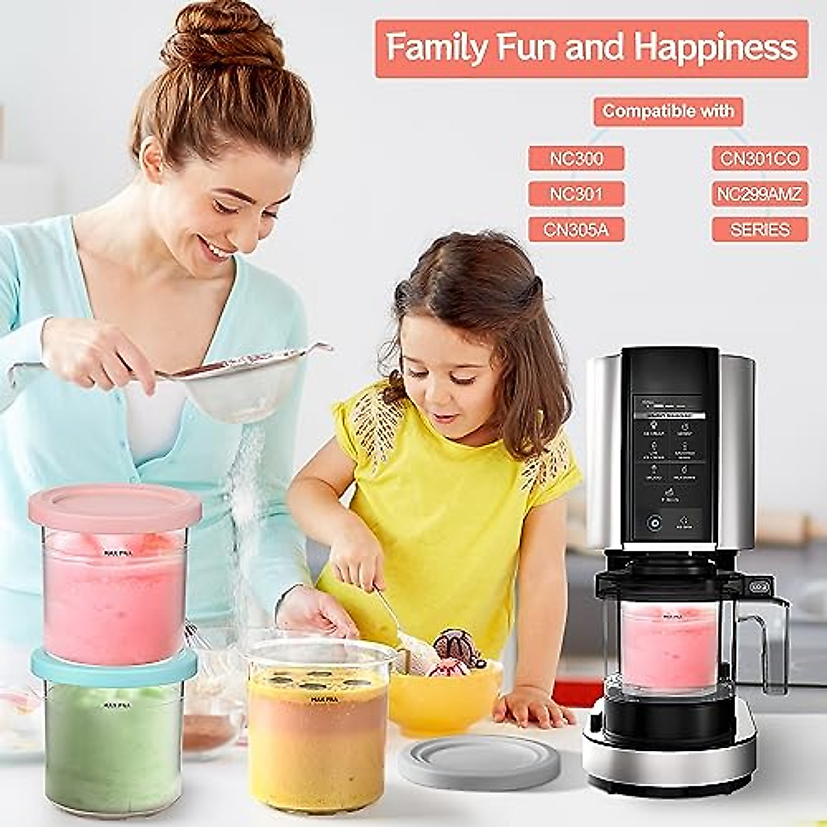 Yammoe Containers Replacement for Ninja Creami Pints and Lids - 4 Pack, 16oz Cup Compatible with NC301 NC300 NC299AMZ Series Ice Cream Maker, BPA Free Dishwasher Safe Leak Proof（with 4Spoon）