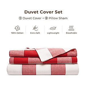 VEEYOO King Duvet Cover Cotton - 100% Washed Cotton Buffalo Plaid Duvet Cover Set with Zipper Closure, Extra Soft Breathable Comforter Cover (Red Buffalo Check)