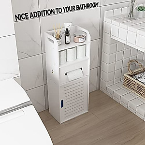Wider Small TP Toilet Paper Storage Cabinet, Slim Bathroom Corner Storage Cabinet with Door and Tissue Dispenser, Waterproof and Durable, Freestanding, (White, Wider with Removable TP Roller)