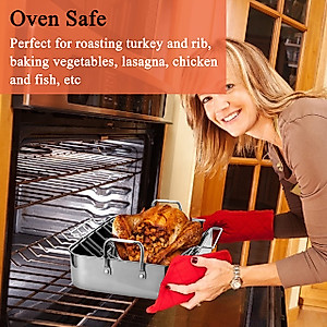 WEZVIX Stainless Steel Roasting Pan with Rack, 16.5 Inch Rectangular Turkey Roaster Lasagna Pan for Roasting Turkey, Chicken, Meat & Vegetables, Non-toxic & Heavy Duty, Easy Clean & Dishwasher Safe