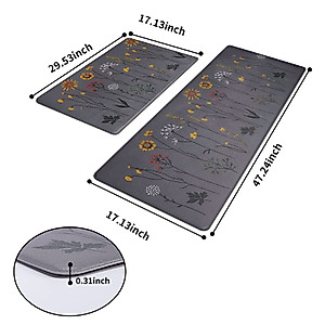 Rempry Kitchen Rugs and Mats Set of 2, Colorful Flowers , Non Slip Cushioned Anti-Fatigue Floor Mats for Kitchen Sink Office, 17"x47"+17"x29"