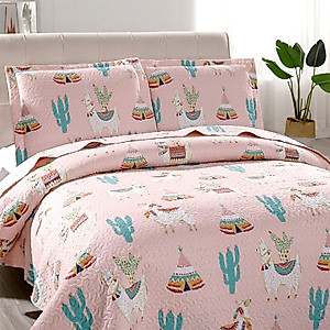 Ycosy Kids Girls Alpaca Cactus Quilt Set Twin Size Llama Bedding Lightweight Animal Cartoon Bedspread Coverlets All Season Bedding Set ，1 Quilt and 2 Pillow Shams