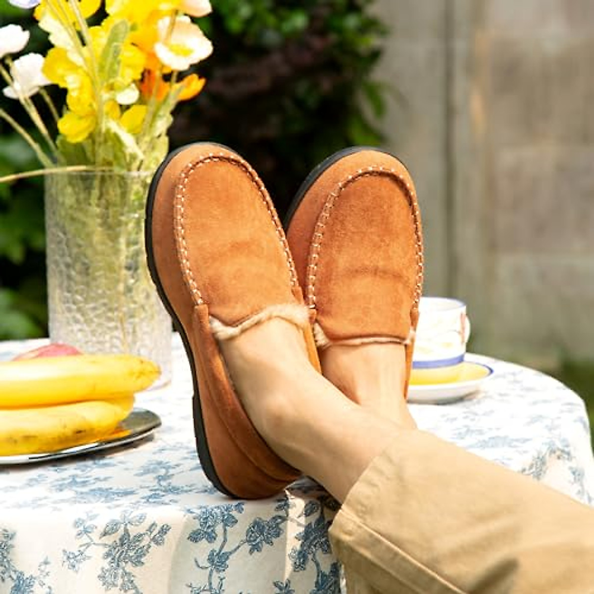 HomeTop Men's Classic Memory Foam Moccasin Slippers, Warm Comfy Microsuede House Shoes for Indoor Outdoor Chestnut, 11 US