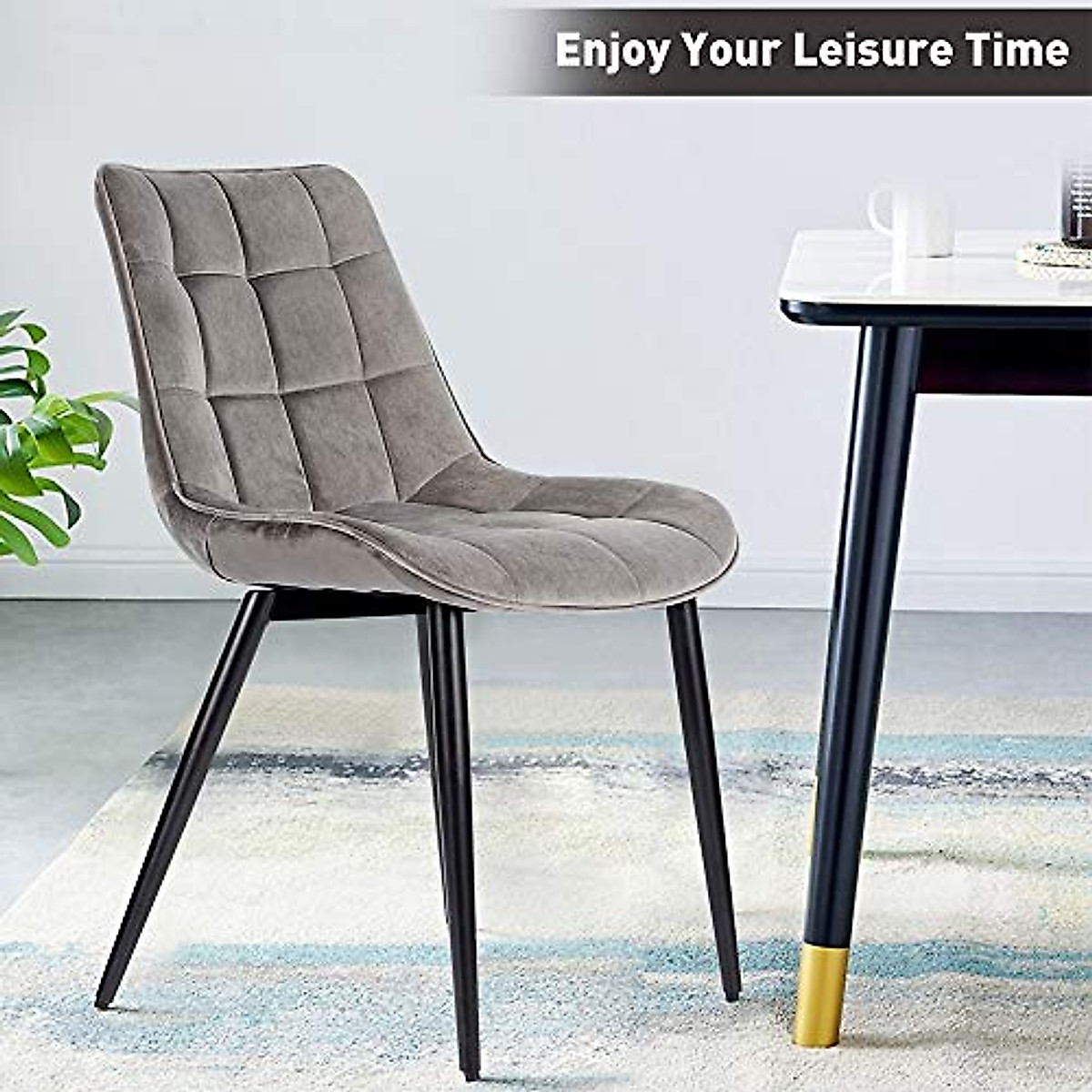 HOMHUM Dining Chairs Set of 2, Velvet Leisure Upholstered Modern Chair with Metal Legs for Kitchen Living Room,Gray