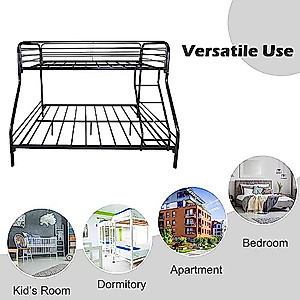 Anwickhomk Metal Bunk Bed Twin Over Full Size,Heavy Duty Floor Bunk Beds Frame with Enhanced Upper-Level Guardrail and Ladder for Boys Girls Adults Dormitory Bedroom,No Box Spring Needed,Black