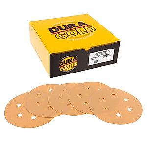 Dura-Gold Premium 320 Grit 6" Gold Sandpaper Discs, 6 Hole Pattern Dustless, Box of 50 - Hook & Loop Backing for DA Sander, Finishing Fine Cut Sanding Abrasive Automotive Paint, Woodworking Wood Metal