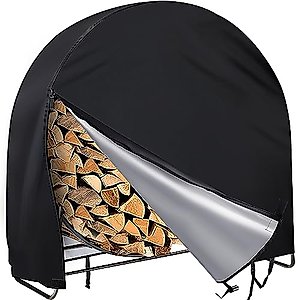 Firewood Log Rack Cover, Outdoor Waterproof Log Hoop Cover, Windproof Dry Wood Pile Holder Storage Tarp Cover Heavy Duty UV Resistant Sun Snow Rain Durable PVC Backing Protector fit 4 Seasons Black
