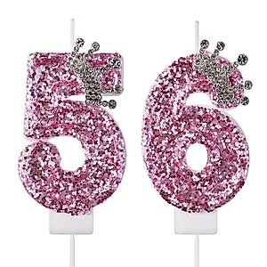 VSHILI 56 65 Birthday Candles, 56th 65th Cake Candles, Pink Birthday Number 56 65 Candles Cake Topper Decorations for Party Men Women