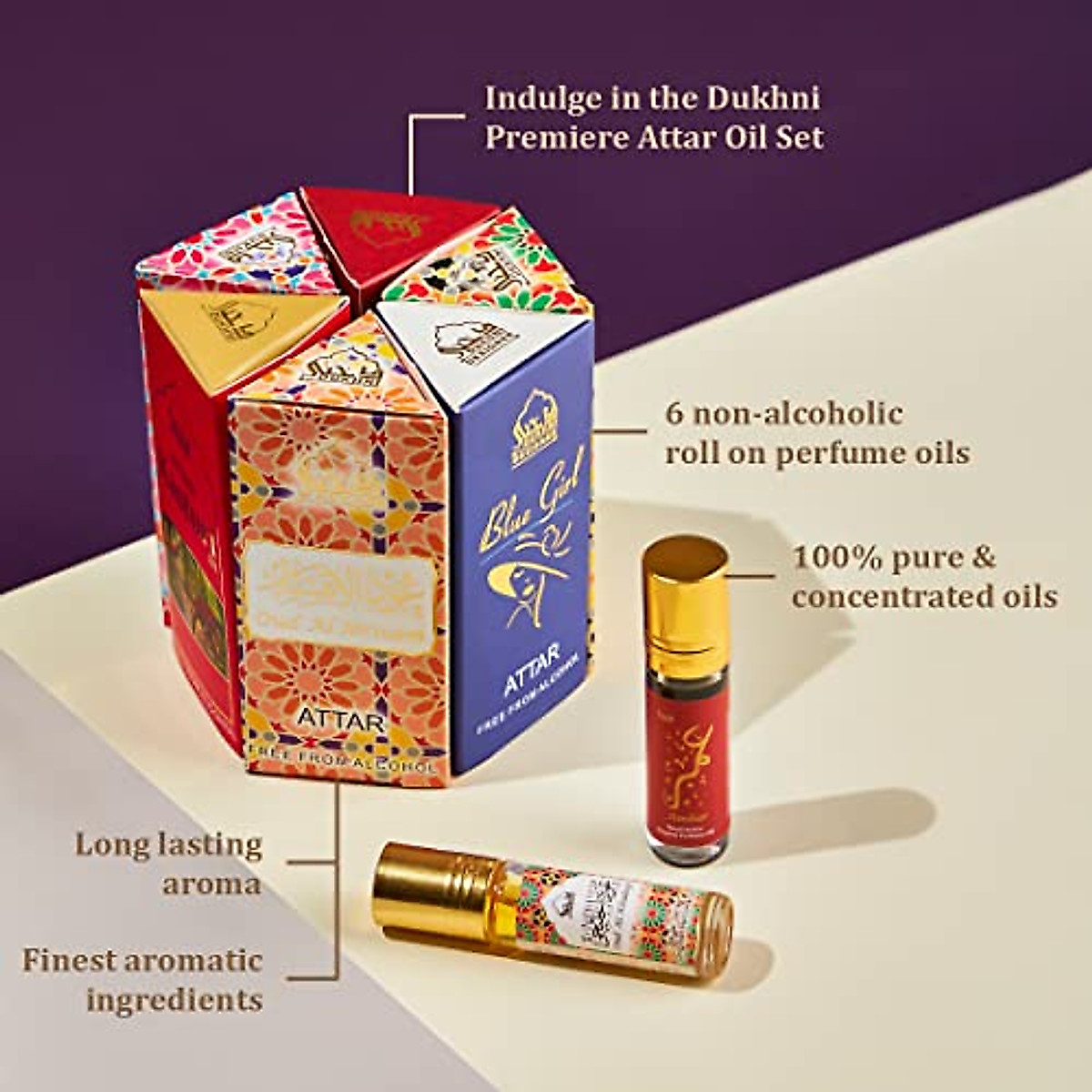 Dukhni Premiere Attar Oil Set | العطار العربي |  x6 bottles x 6 ml  Authentic Arabic Fragrance Oils | 100% Halal Blends, Ramadan Eid Gifting | Oud Ibtisam, Oud Khaleeji, Oud Habayeb, Kasturi XX, Ambar, Blue Girl - 6ml each