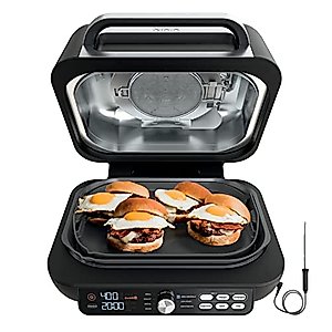 Ninja IG651 Foodi Smart XL Pro 7-in-1 Indoor Grill/Griddle Combo, use Opened or Closed, with Griddle, Air Fry, Dehydrate & More, Pro Power Grate, Flat Top Griddle, Crisper, Smart Thermometer, Black (Renewed)