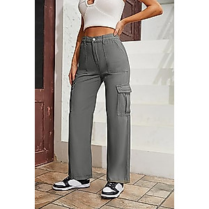QYANGG High Waist Cargo Pants Women Stretch Baggy Cargo Pants Women Multiple Pockets Relaxed Fit Straight Wide Leg Y2K Pants Grey