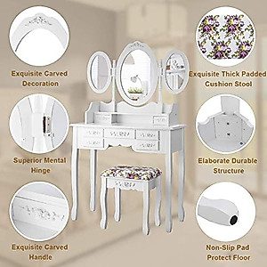 CHARMAID Vanity Set with Tri-Folding Mirror and Cushioned Stool, Dressing Table with 7 Drawers and a Shelf, Antique Makeup Table with Removable Top, Vintage Makeup Vanity Set for Women Girls (White)