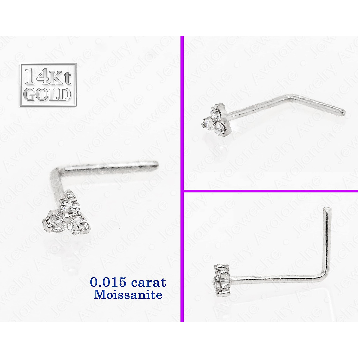 Jewelry Avalanche 3-Stone 0.015ctw Moissanite Nose Stud - 22G Solid 14Kt White Gold L-Shape Stud Nose Ring - April Birthstone Nose Stud LSWG310-MNT