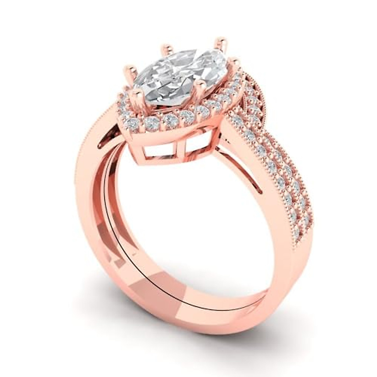 Clara Pucci 2.26ct Marquise Round Cut Laser Engraving Pave Halo White Sapphire Designer Statement Ring Band Set 18K Rose Gold Size 10