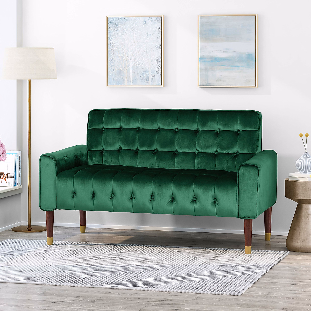 Christopher Knight Home Aubrie Tufted Velvet Loveseat Tipped Tapered Legs, Emerald and Gold Finish