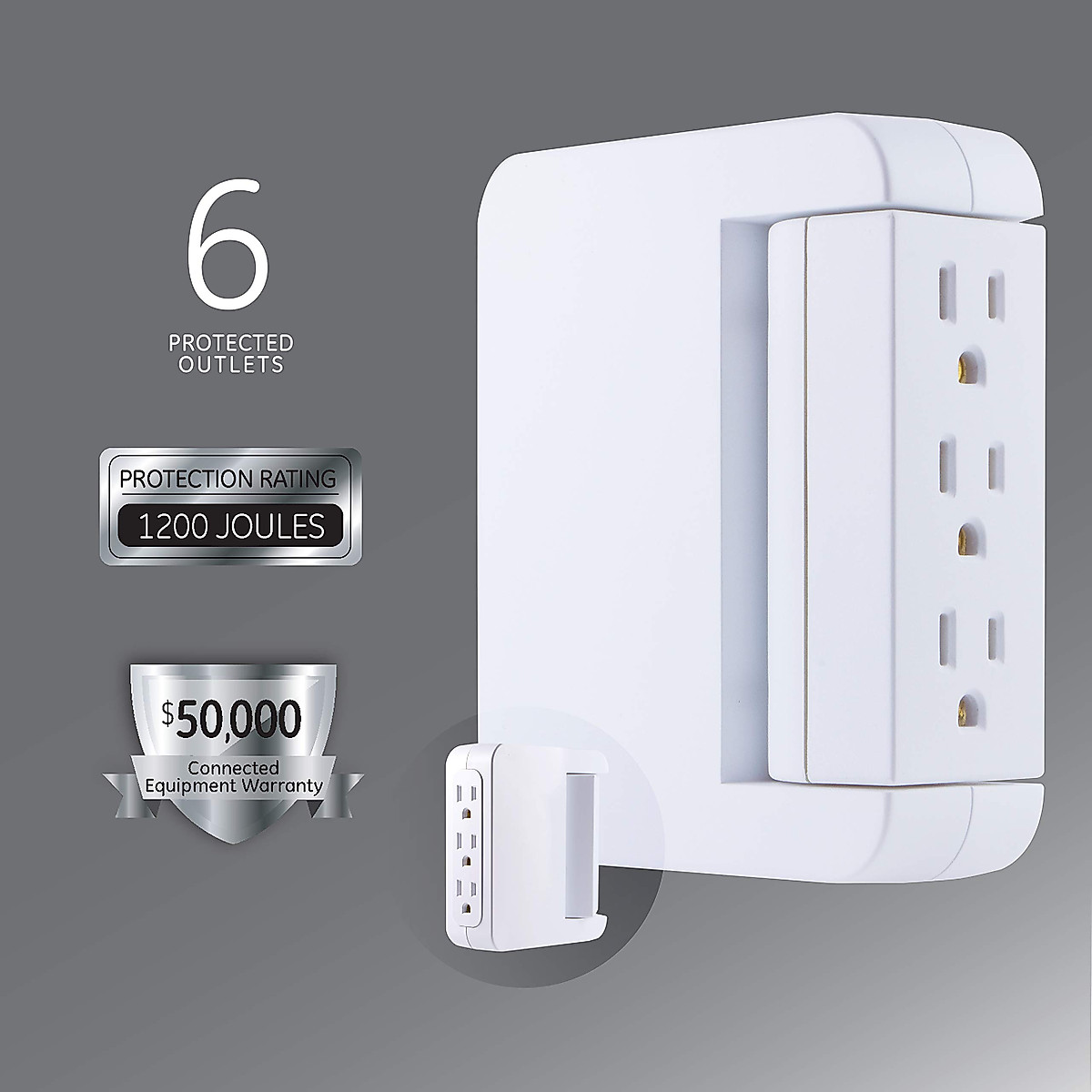GE Pro 6 Outlet Wall Tap Surge Protector, Side Access, Power Outlet Adapter, 1200 Joules & Pro Side-Access Swivel Surge Protector, 6-Outlet Wall Tap, 3 Prong, 1200 Joules, 120V AC, 15A, 1800W, White