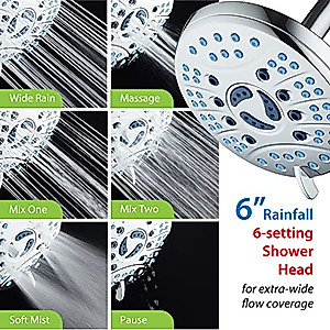 AquaCare As-Seen-On-TV High Pressure 6-setting 6 inch Rainfall Shower Head with Special Hygienic Anti-clog Nozzles for Cleaner, More Powerful Shower! Top American Brand/All Chrome Finish