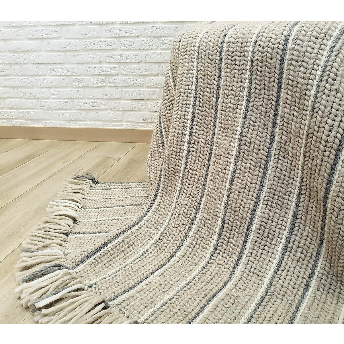 Crochet wool Blanket Gray Beige Warm throw blanket merino Knit Handmade Throw, 43x63 inches