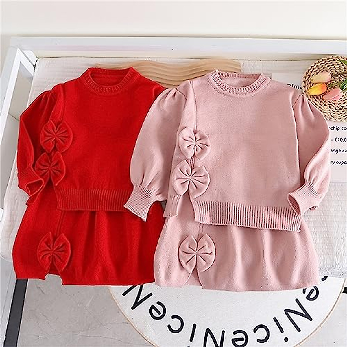 AwarFy Infant Toddler Girls Long Sleeve Sweet Bow Sweater Two Piece Set Fashion Preppy Knit Two Dresses (RD2#7, 5-6 Years)