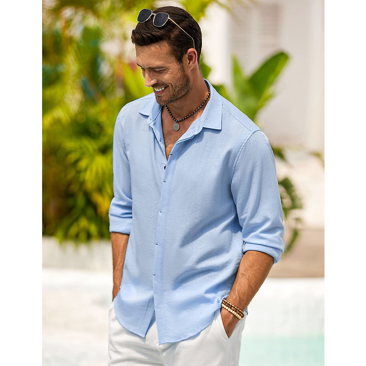 COOFANDY Men's Summer Beach Vacation Shirt Long Sleeve Shirt Business Work Shirts Clear Blue