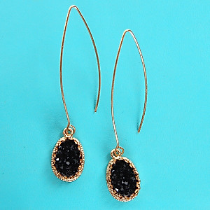 Black and Gold Earrings for Women - Black Dangle Earrings for Women, Long Black Earrings for Women Dangling, Boho Black Drop Earrings for Women, Simulated Druzy Gold Tone Black Statement Earrings