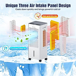Grelife Evaporative Air Cooler, Portable Cooling Fan with 75° Oscillating, Humidifying, 1.58Gal Water Tank, 4 Ice Packs, Remote Control, 3 Speeds, 12H Timer, Personal Swamp Cooler for Room Home Office