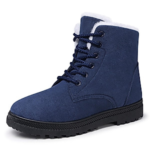 SHIBEVER Winter Snow Boots for Women: Dark Blue Warm Fur Lined Ankle Boots Comfortable Suede Lace Up Booties Cute Flat Shoes Size 10