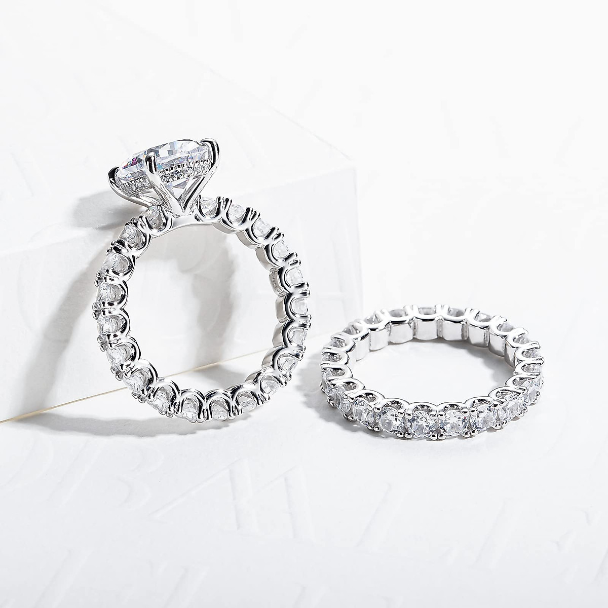 Gobaalele 6ct Cubic Zirconia Wedding Band Set, CZ Engagement Ring Bridal Set Christmas gift for women, 925 Sterling Silver Promise Ring Wedding Ring Size 5.0 (Oval Cut)