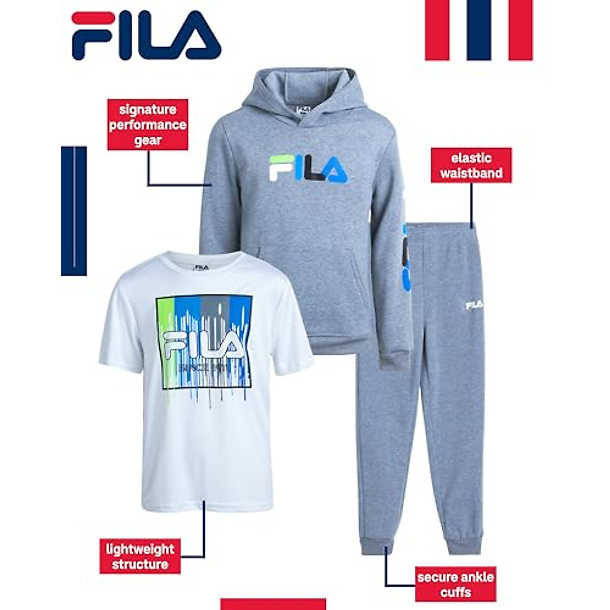 Fila Boys' Active Sweatsuit Set - 3 Piece Performance Hoodie Sweatshirt, Jogger Sweatpants, T-Shirt - Activewear Set (8-12), Size 10, Heather Grey