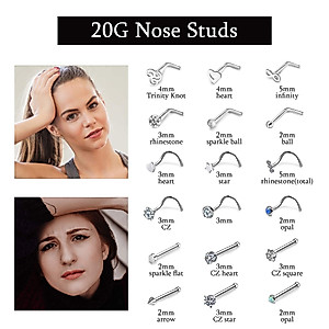 Sunligoo Nose Rings 20G 38Pcs Stainless Steel Nose Studs CZ L Bone Screw Shaped Silver Hoop Nose Ring Labret Nose Piercing Jewelry for Women Men