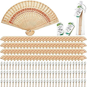 100 Pcs Wooden Hand Held Folding Fan Bulk 8" Vintage Handheld Fan Hollow Foldable Hand Fans for Women 100 Pcs Gift Bag and 100 Pcs Cards for Wedding Party Dancing Birthday Favors