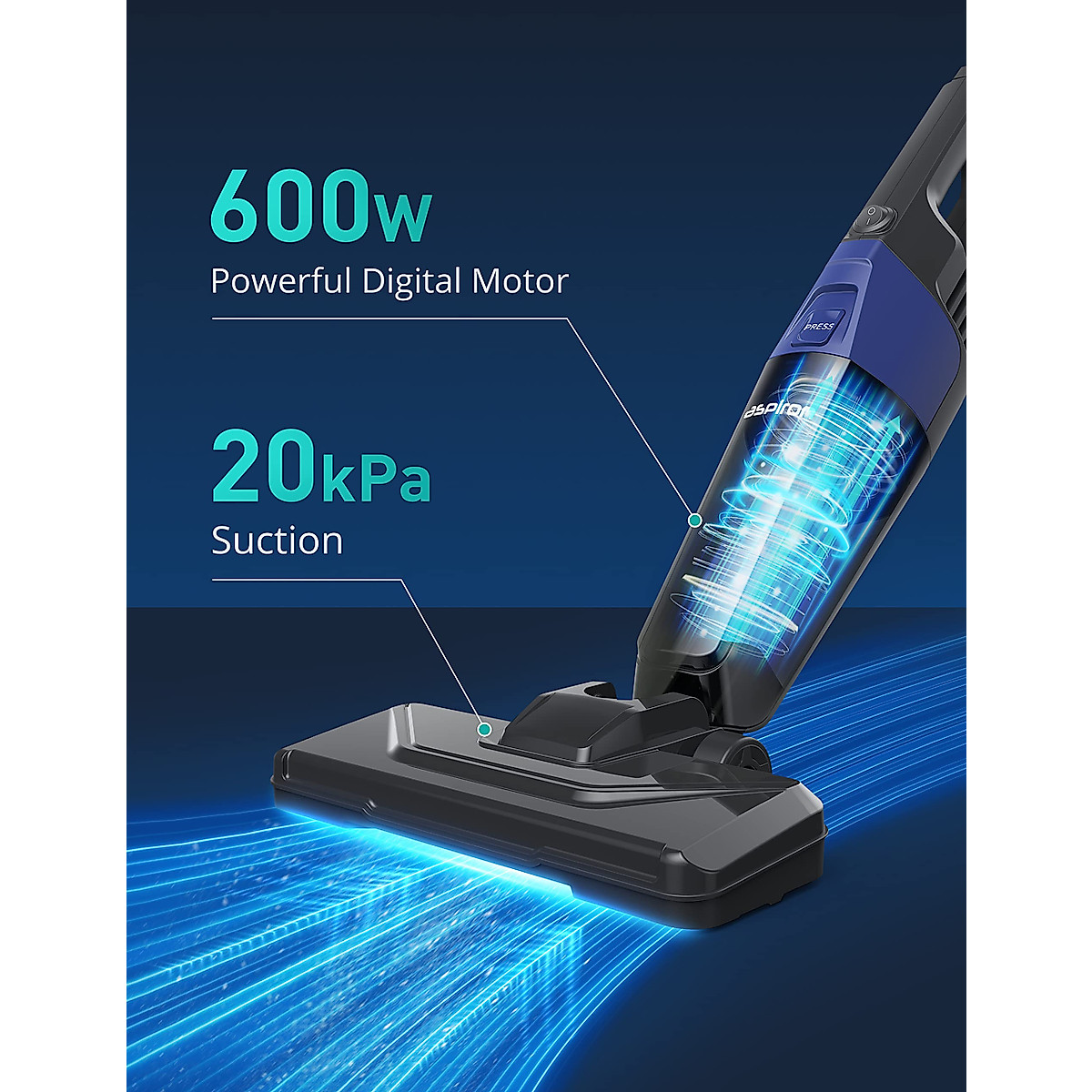 Small Vacuum Cleaner, Aspiron Stick Vacuum Cleaner with 20kPa Powerful Suction & 0.88QT Dust Cup and 16ft Power Cord, 5-in-1 Handheld Lightweight Bagless Vacuum Cleaner Carpet and Floor for Pet
