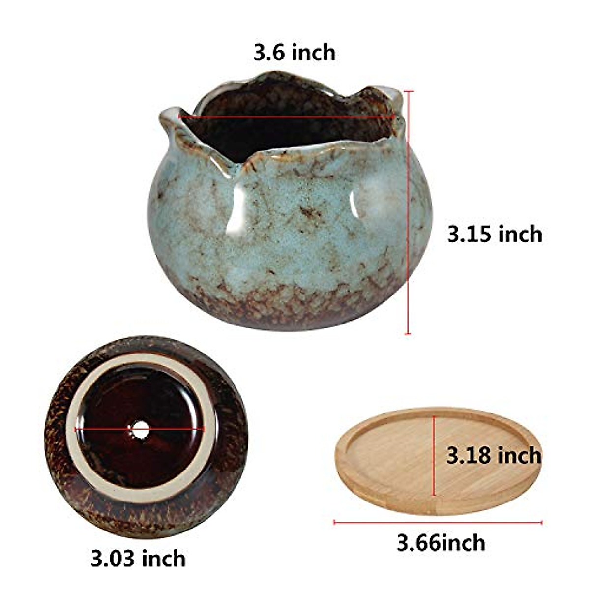 Laerjin Succulent Pots, 4 Inch Ceramic Plant Pots and Drainage Hole with Bamboo Tray, Colorful Flower Planter Pot, Pack of 6 (Plants Not Included)