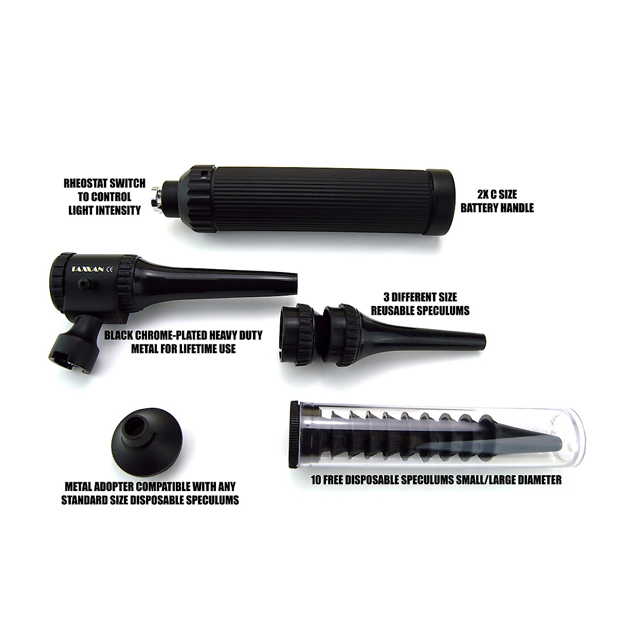 TAXXAN Veterinary Black Otoscope ENT Diagnostic Set with Metal Adapter to USE Standard Disposable Speculum …