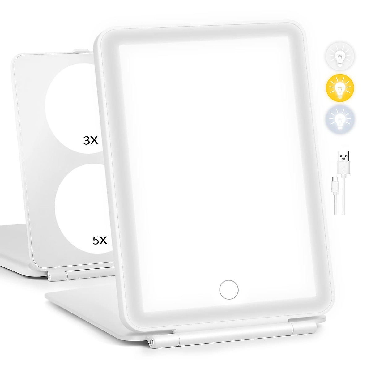 Tkaufen Travel Size Magnifying Lighting Mirror, 21Hours Battery Life, 5X/3X/1X Compact Hand Held Portable Foldable Makeup Cosmetic Mirror, Valentine's Day (White, 2 Fold)