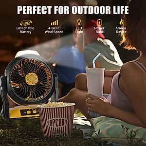 Geek Aire Portable Camping Fan with Lights, 20000mAh Detachable Rechargeable Battery Operated Fan, Battery Powered Outdoor Tent Fan with 4 Speeds & Hook, Personal Beach Fan for Camping Hiking