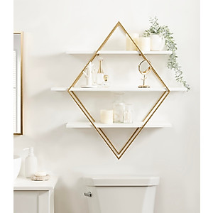 Kate and Laurel Daxton Modern Wood and Metal Diamond Wall Shelf, 31 x 8 x 31, White and Gold, Glam Geometric Wall Organization for Bathroom Storage or Living Room Display