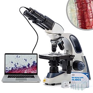 SWIFT SW380B 40X-2500X Magnification, Research-Grade Binocular Compound Lab Microscope, Mechanical Stage, with 5.0 mp Camera and Software Windows/Mac Compatible and 100pcs Blank Slides