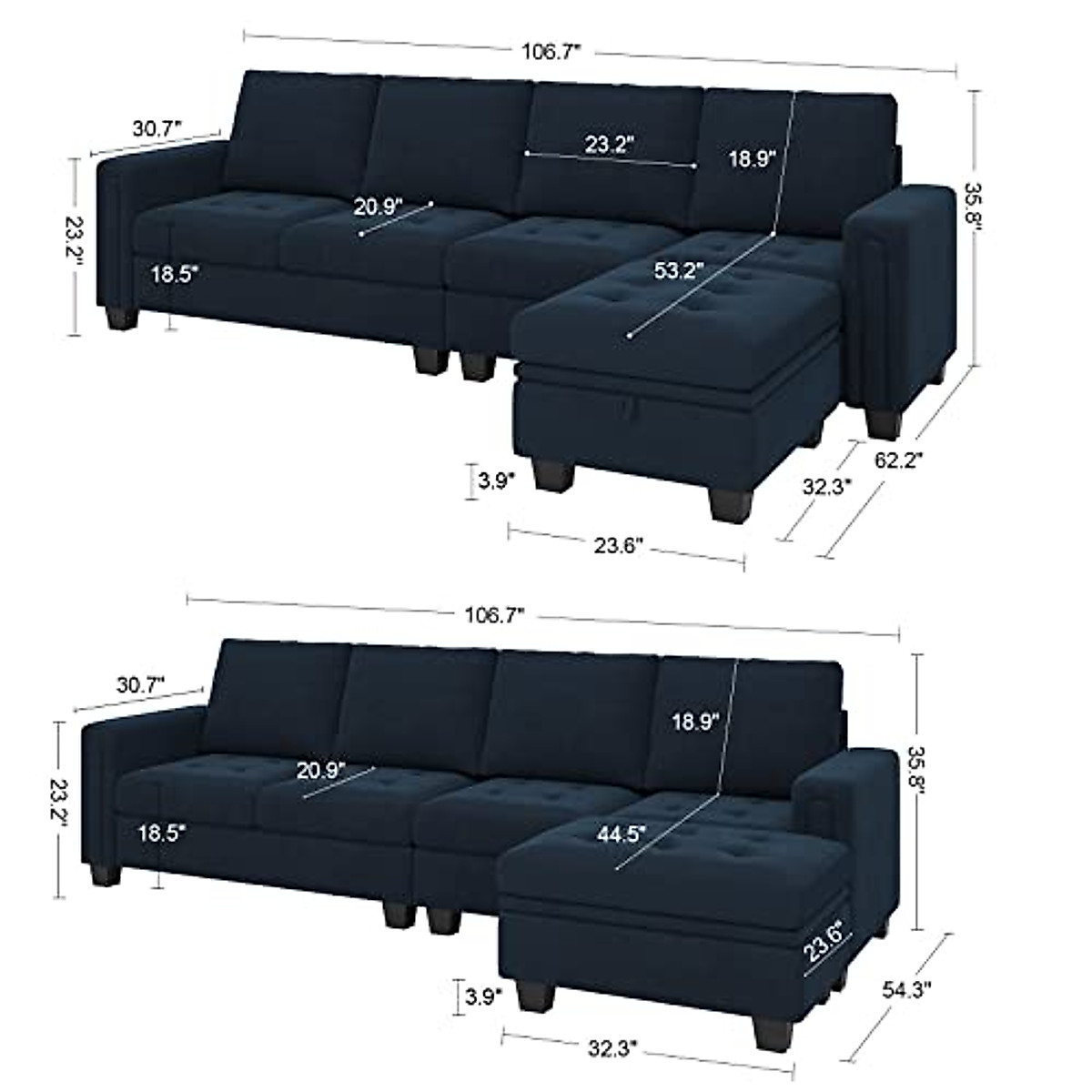 Belffin Velvet Reversible Sectional Sofa with Chaise Convertible L Shaped 4-seat Sectional Couch with Storage Ottoman Blue