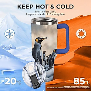 LLUTSNTH 40 Oz Vacuum Tumbler with Deep Blue Handle Leakproof Insulated Tumbler Sea Penguin Stainless Steel Travel Mug with Lid And Straw Coffee Cup Cute Water Bottles Cup Holder Friendly