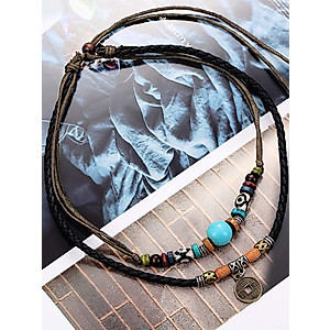 Hicarer Leather Necklace Bead Choker Adjustable Vintage Turquoise Necklace Handmade Woven Beaded Bracelet with 4 Pairs Bohemian Vintage Dangle Earrings Jewelry for Women