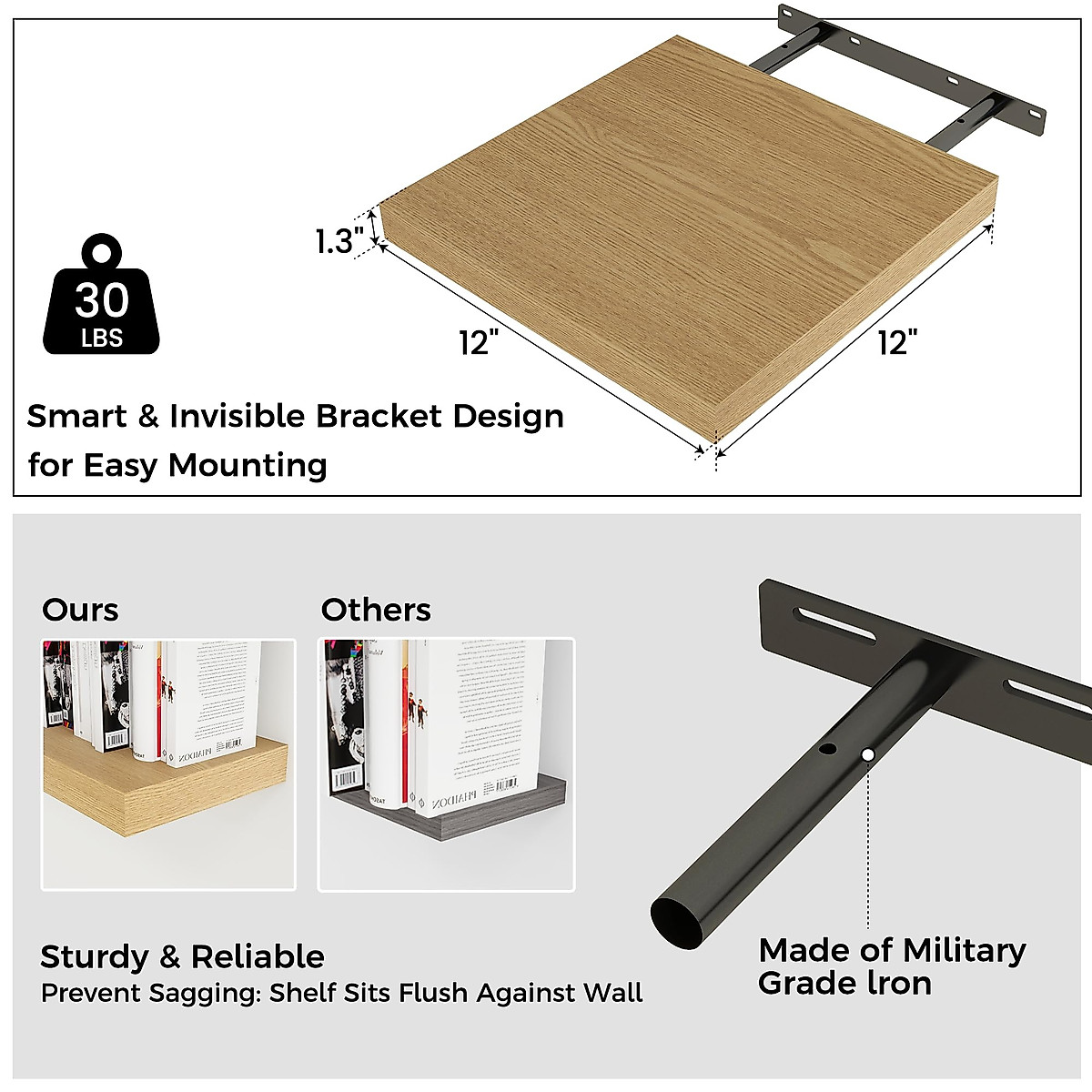 Floating Shelves for Wall, 3 Small Wall Mounted Shelves with Invisible Brackets, Square Wood Floating Wall Shelf Shelves for Living Room, Bedroom, Kitchen, Bathroom Decor (Oak, 12" W x 12" D x 1.3" H)