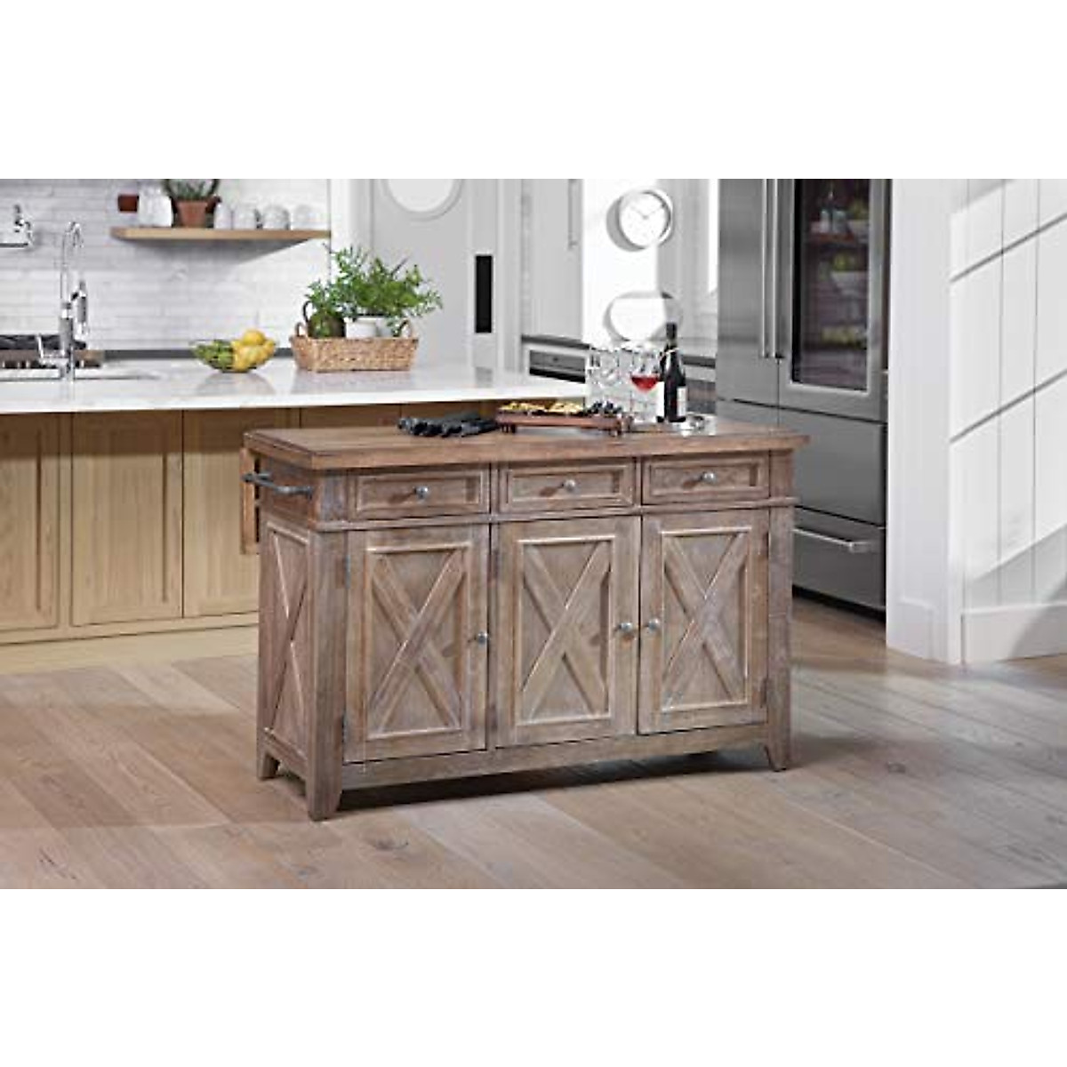 OSP Home Furnishings Cocina Kitchen Island with Wood Top, Drop Leaf and Decorative Steel Hardware, Brown