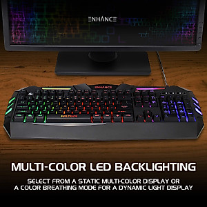 ENHANCE Infiltrate KL1 LED Gaming Keyboard - Multi Color Backlit Keyboard with 2 Lighting Modes, Spill Resistant Design, USB Braided Cable - 19 Key Rollover, Anti-Ghosting, & Multimedia Keys