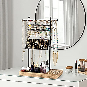 SOLIMINTR Jewelry Organizer, Jewelry Stand with Necklace Display Holder 3 Tier Earring Organizer Rustic Wood Base Tray with Ring Stand Jewelry Storage Tower for Women Girls Gift