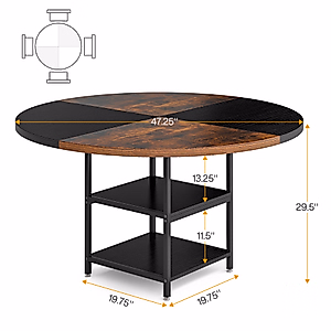 Tribesigns 47 inch Round Dining Table for 4, Wood Kitchen Table Large Dinner Table with Storage Shelf Metal Legs for Home Dining Room Living Room, Black Rustic Brown(Only Table)