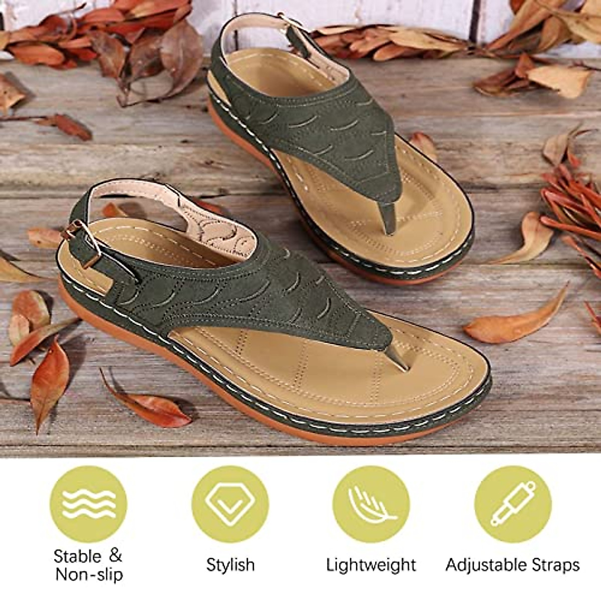 SAZZLE Wellmesi Sandals,Orthotic Sandals for Women Leather Orthopedic Arch Support Sandals Diabetic Walking Sandals (ArmyGreen,40)
