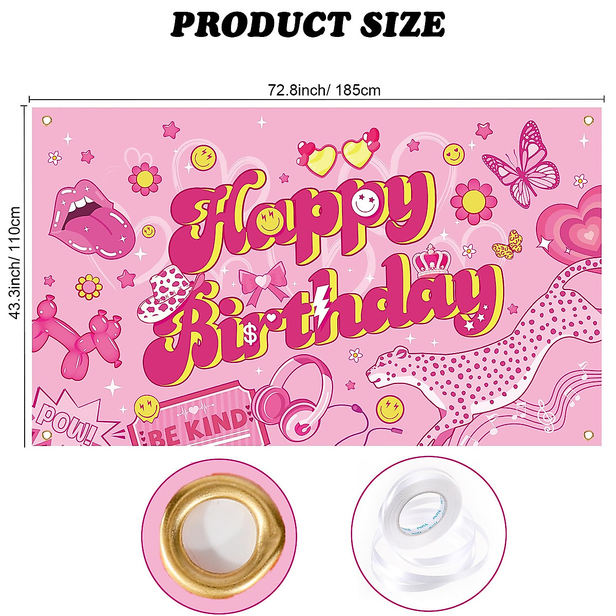 Qpout Pink Preppy Birthday Backdrop with Polyester Fabric, Hot Pink Theme, for Girls Women Party Decorations