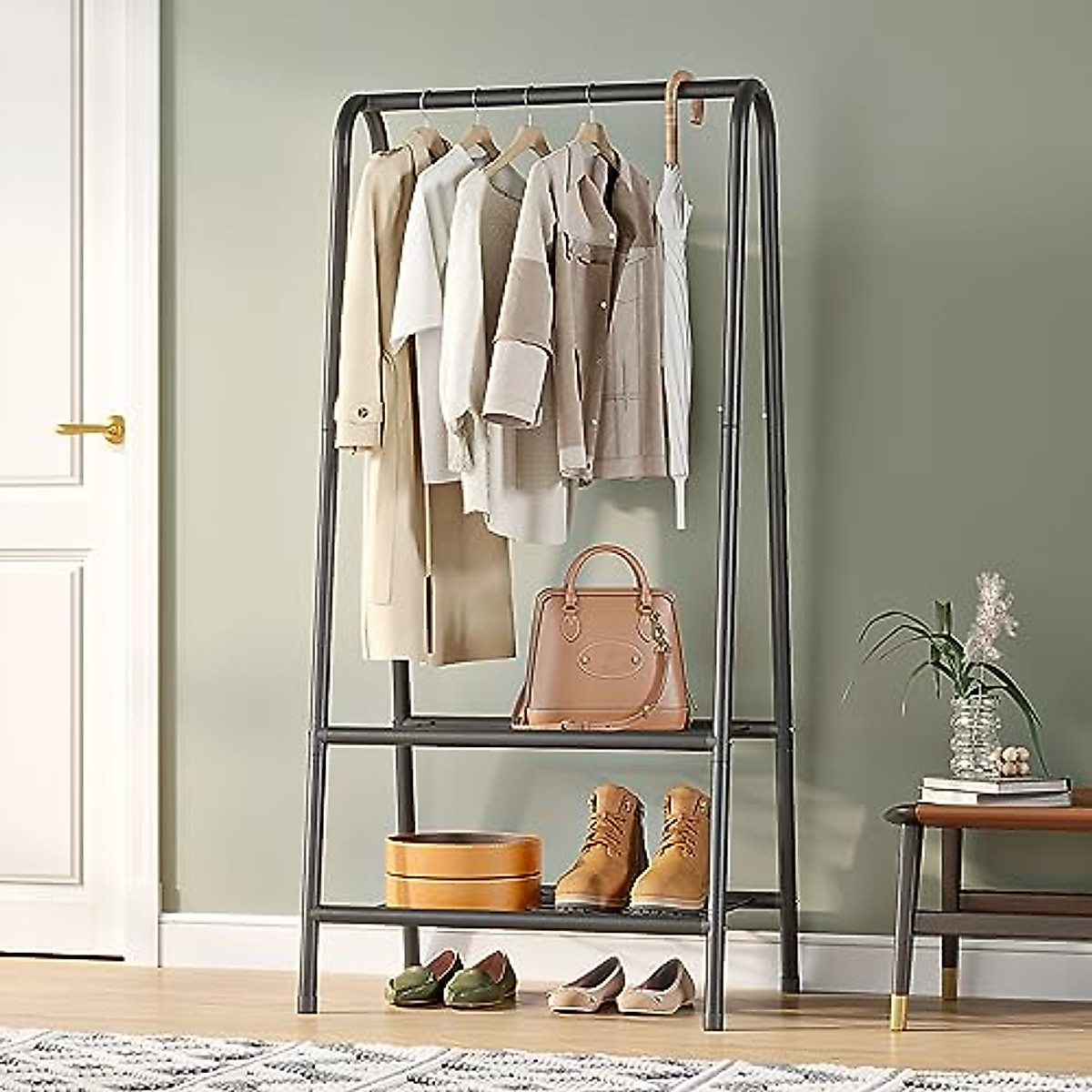 JOISCOPE Portable Metal Clothes Rack, Heavy Duty Sturdy Metal Clothing Coat Rail with Double Layer Shelf for Storing Clothes, Shoes, Suitable for Bedroom, Office, Living Room (Black)