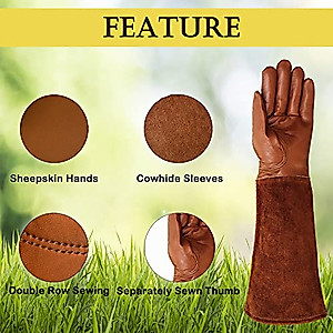 AOUCHI Long Leather Gardening Gloves for Women Men Kid, Breathable Cowhide Rose Pruning Thorn Proof Gloves with  Forearm Protection, Sheepskin Palms Cowhide Sleeves Garden Yard Safety Work Gloves(S)